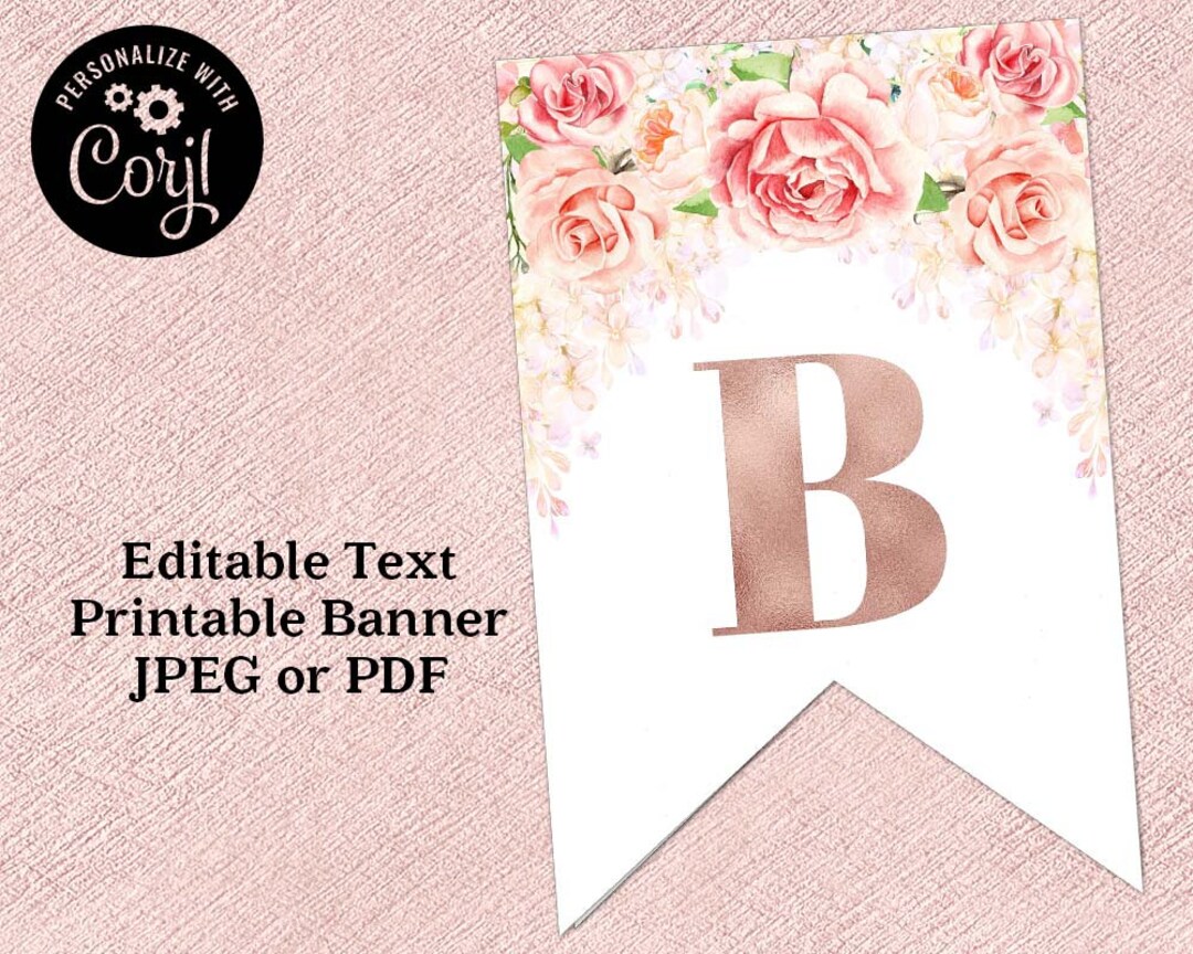 Printable Editable Text Banner Pink Watercolor Flowers Gold Text ...