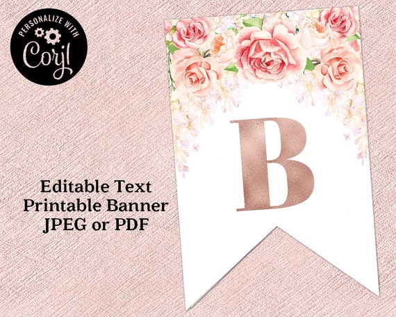 Printable Editable Text Banner Pink Watercolor Flowers Gold | Etsy