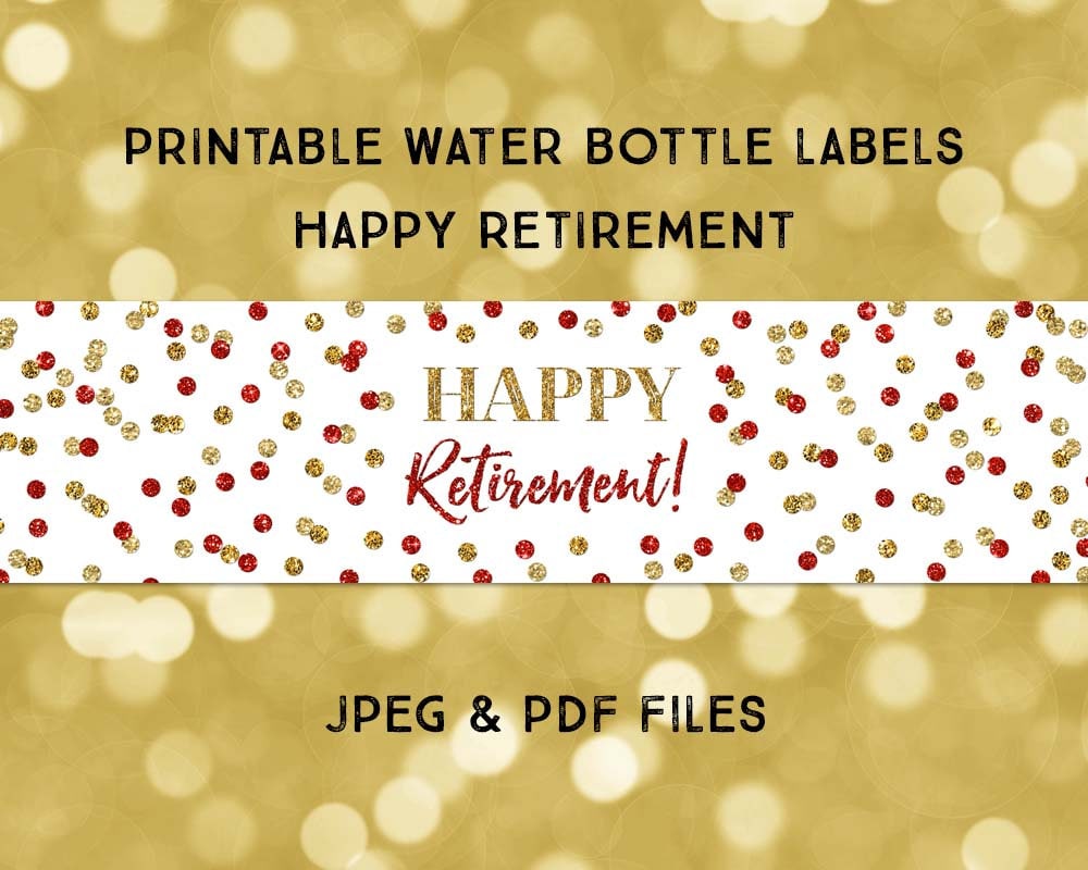 Printable Water Bottle Labels Happy Retirement Red Gold Confetti ...