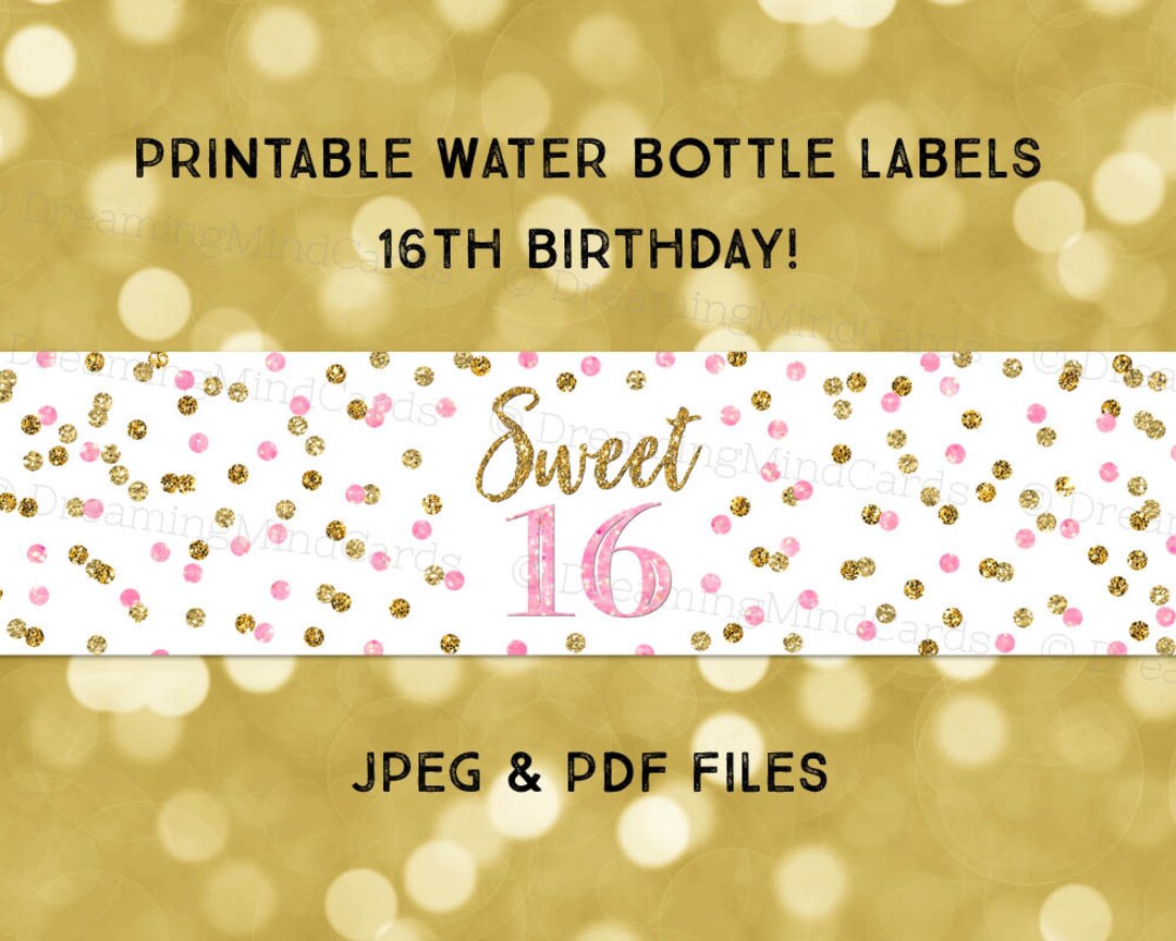 Printable Water Bottle Labels Sweet 16 Birthday Party Pink Gold ...