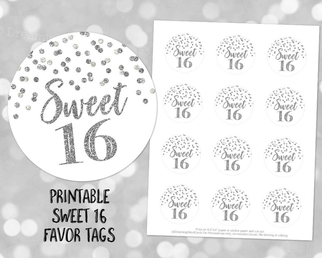 Printable Sweet 16 Birthday Party Round Tags Silver Confetti Instant ...