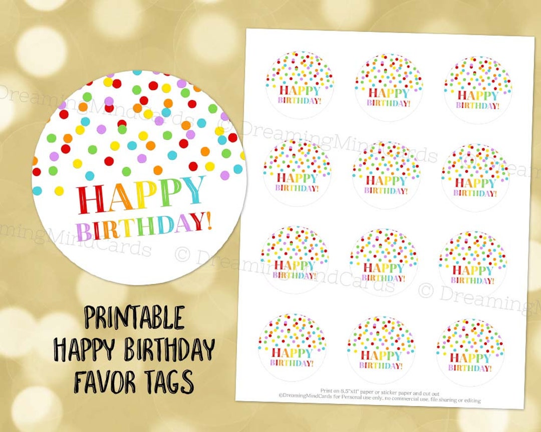 Printable Happy Birthday Round Tags Rainbow Confetti Instant Digital ...