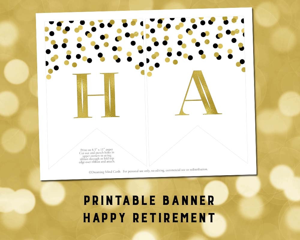 Printable Happy Retirement Banner Black Gold Confetti Bunting | Etsy