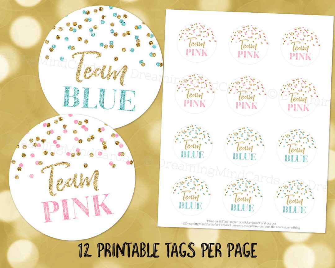 Printable Team Pink and Team Blue Stickers Gold Pink Blue Confetti ...