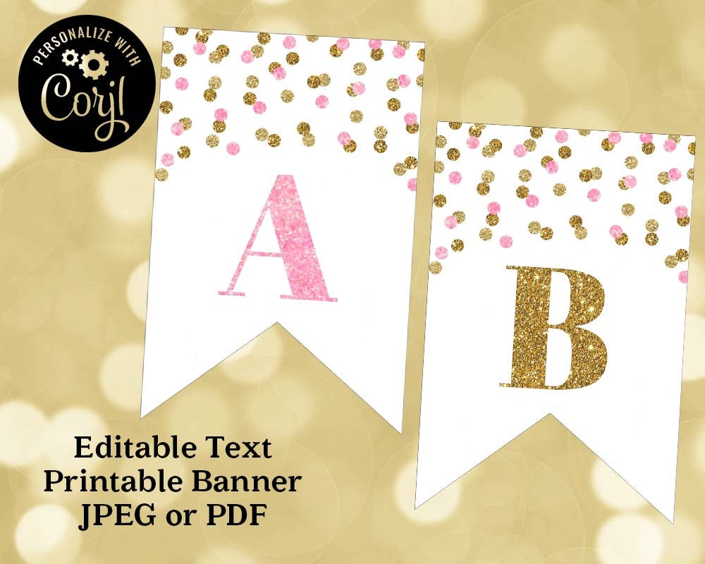 Printable Editable Text Banner Pink and Gold Confetti Digital - Etsy Canada