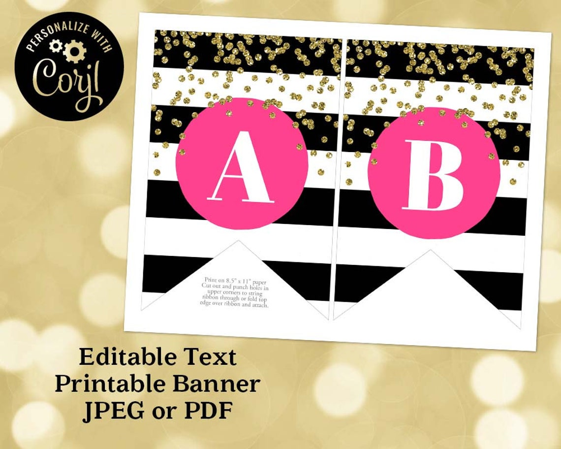 Printable Editable Text Banner Pink Gold Confetti Digital Download ...