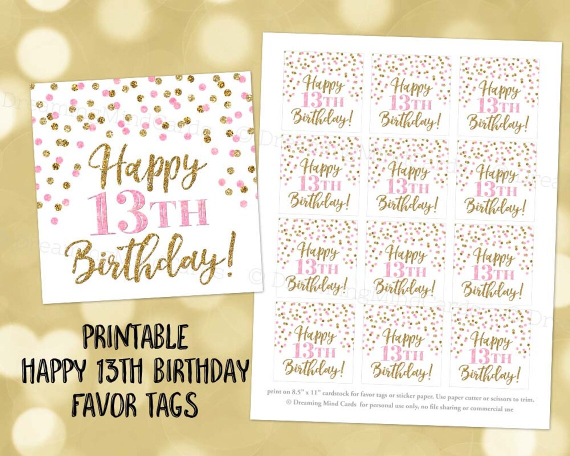 Printable Happy 13th Birthday Party Favor Tags Light Pink Gold Confetti ...