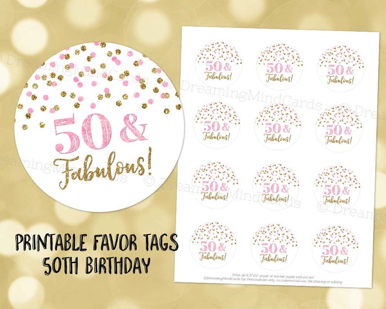 Printable 50 and Fabulous 50th Birthday Round Tags Pink and Gold ...