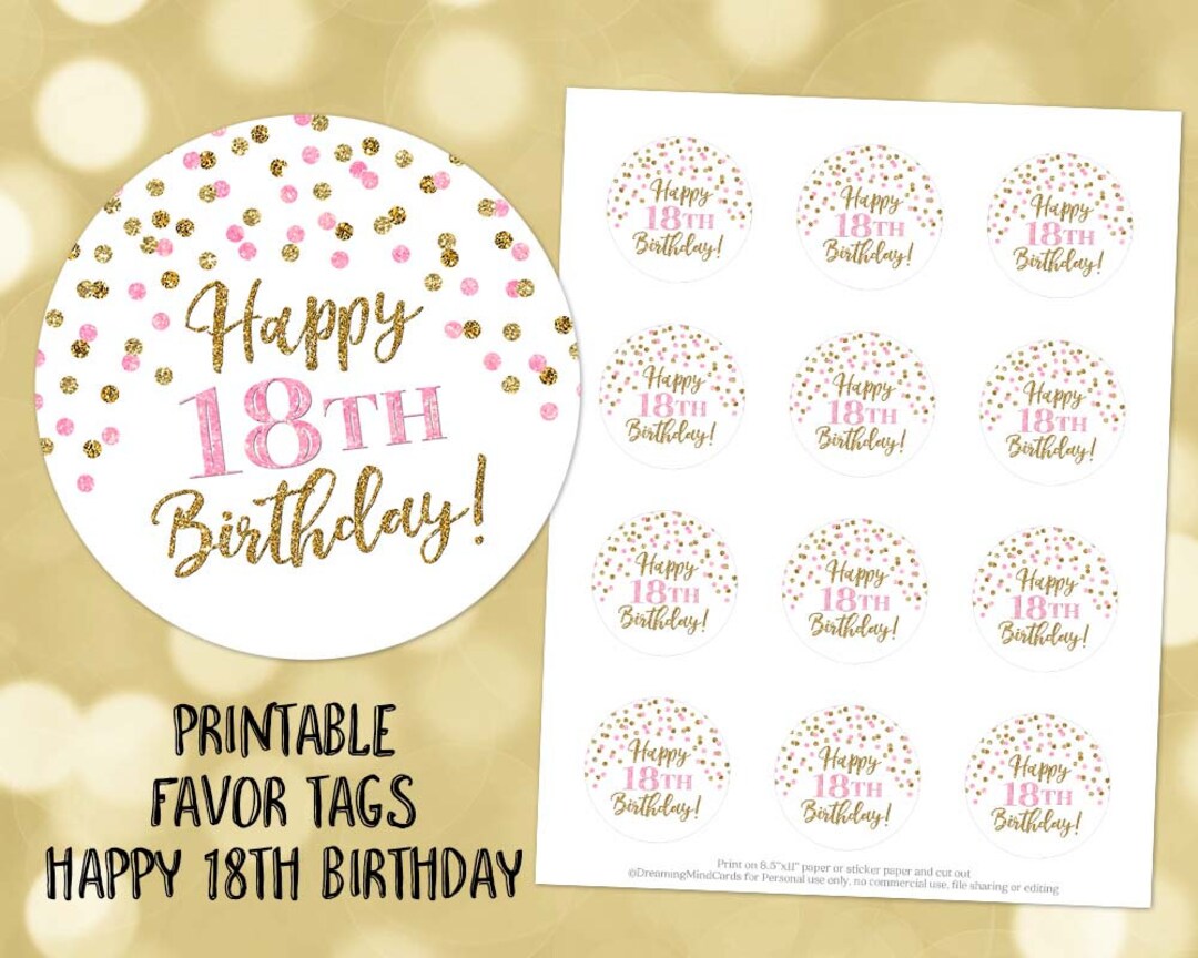Printable Happy 18th Birthday Round Tags Pink Gold Confetti Instant ...