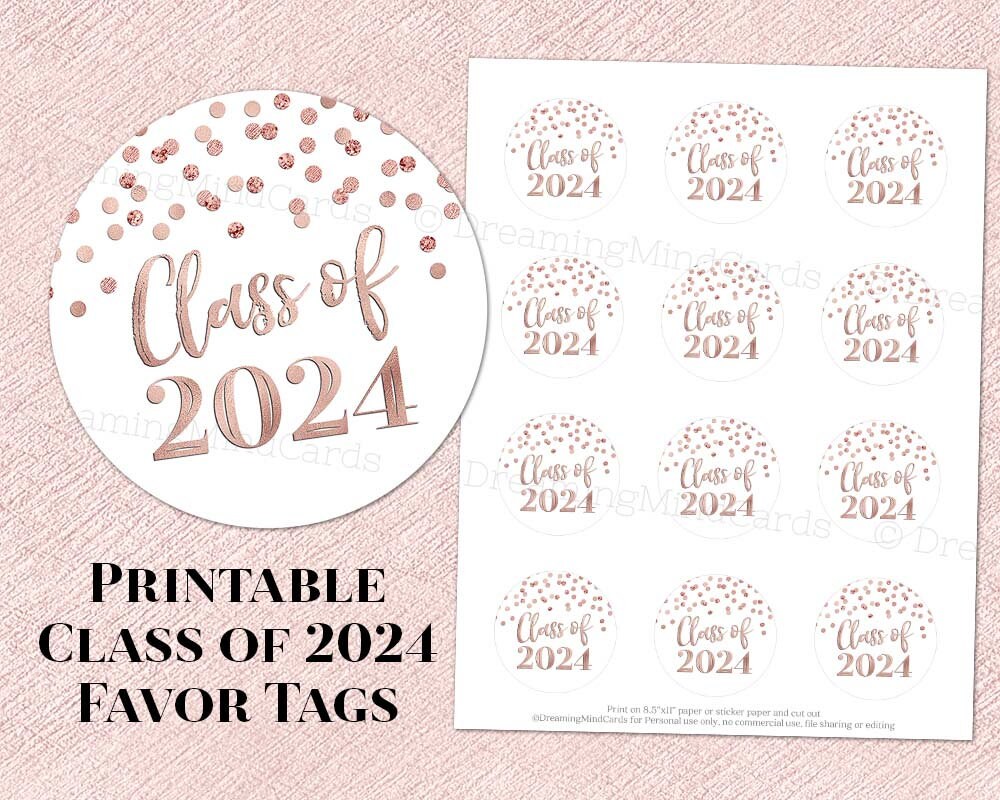 Printable Class of 2024 Graduation Party Round Tags Rose Gold Confetti ...