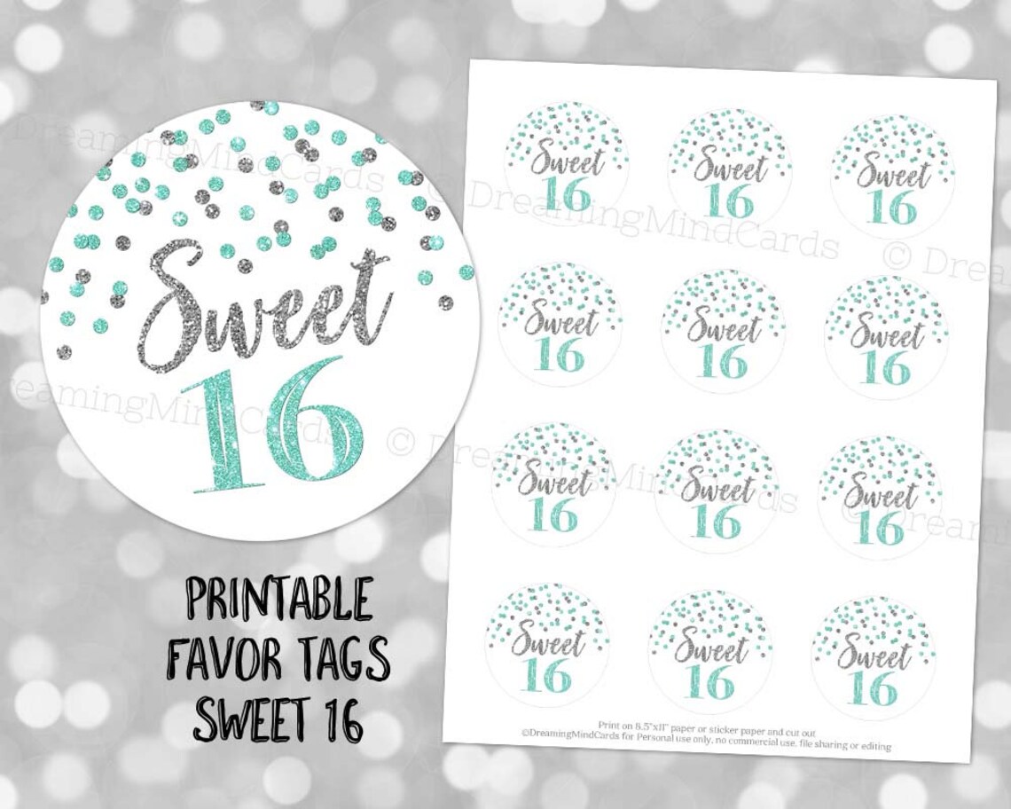 Printable Sweet 16 Birthday Party Round Tags Turquoise and - Etsy
