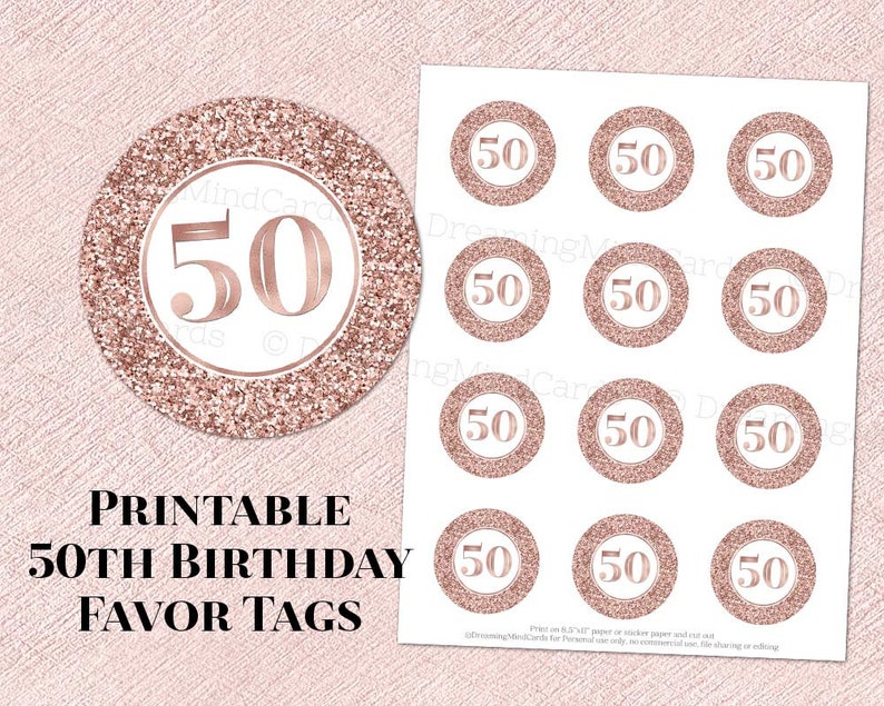 Printable 50th Birthday Round Tags Rose Gold Glitter Instant - Etsy