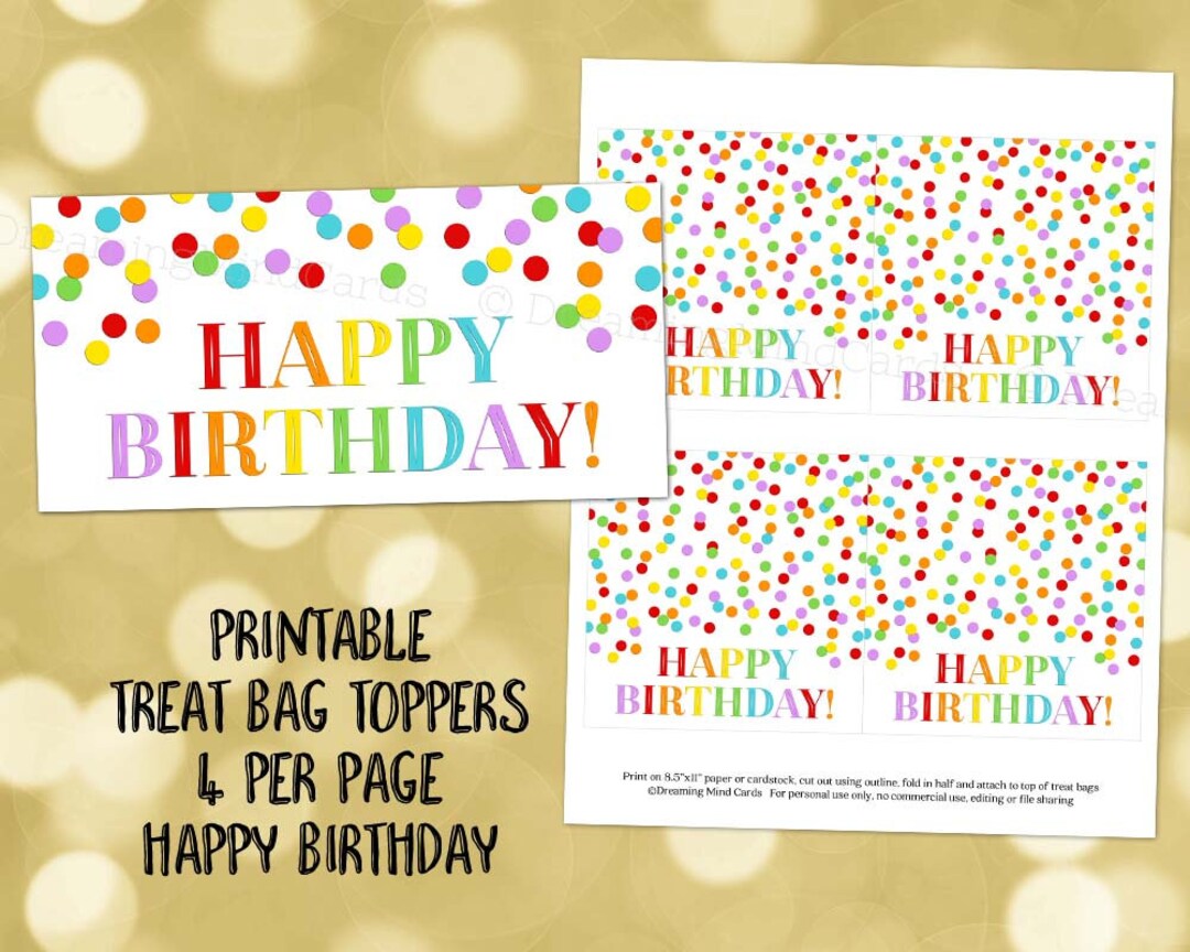 Printable Happy Birthday Treat Bag Toppers Rainbow Confetti Birthday ...