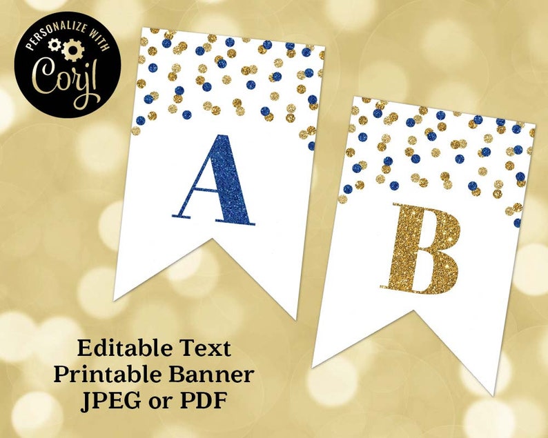 Printable Editable Text Banner Blue and Gold Confetti Digital Download ...