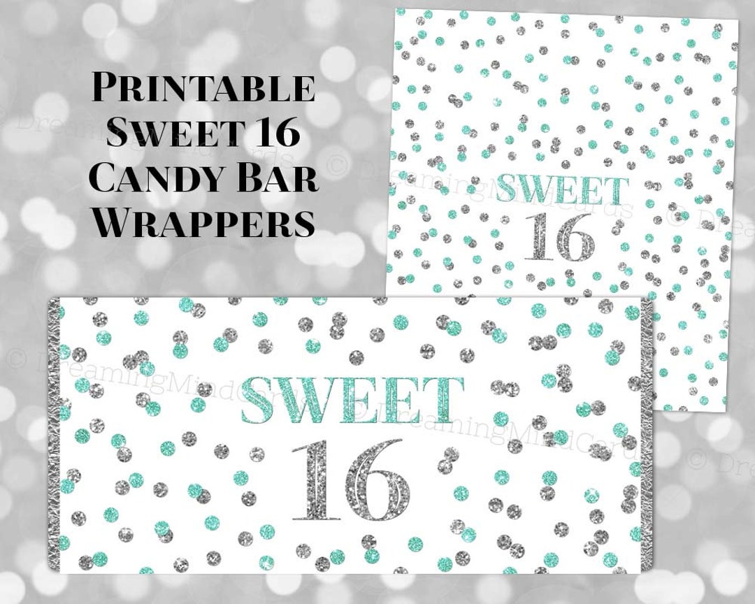 Printable Candy Bar Wrapper Sweet 16 Birthday Turquoise Blue Silver ...