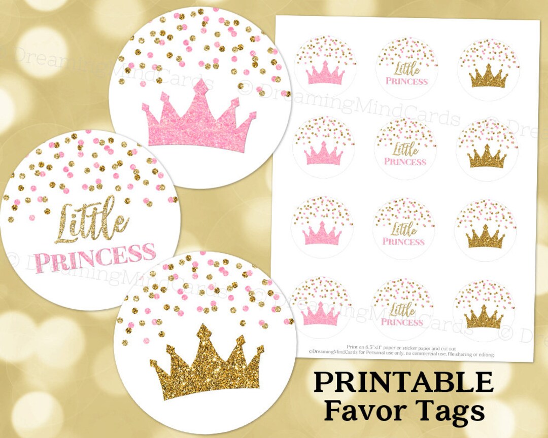 Printable Little Princess Crowns Round Tags Light Pink and Gold Glitter ...