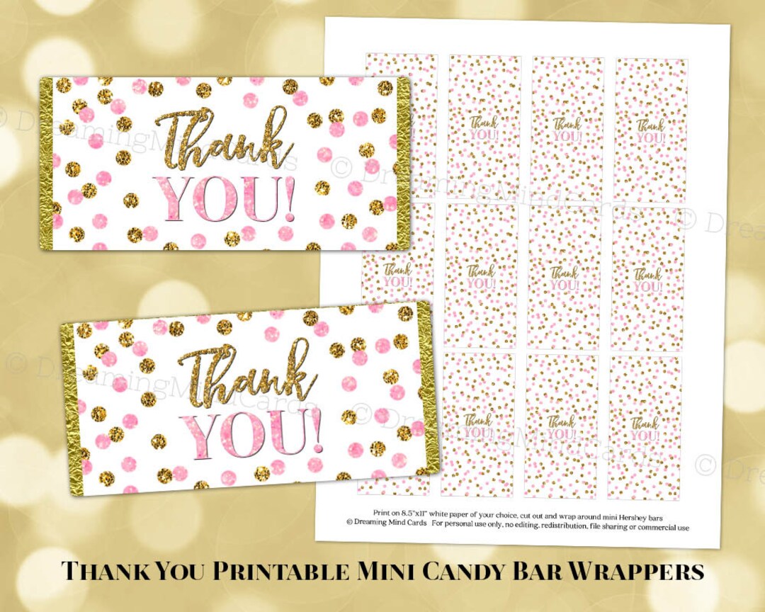 Printable Mini Candy Bar Wrapper Labels Thank You Light Pink Gold ...