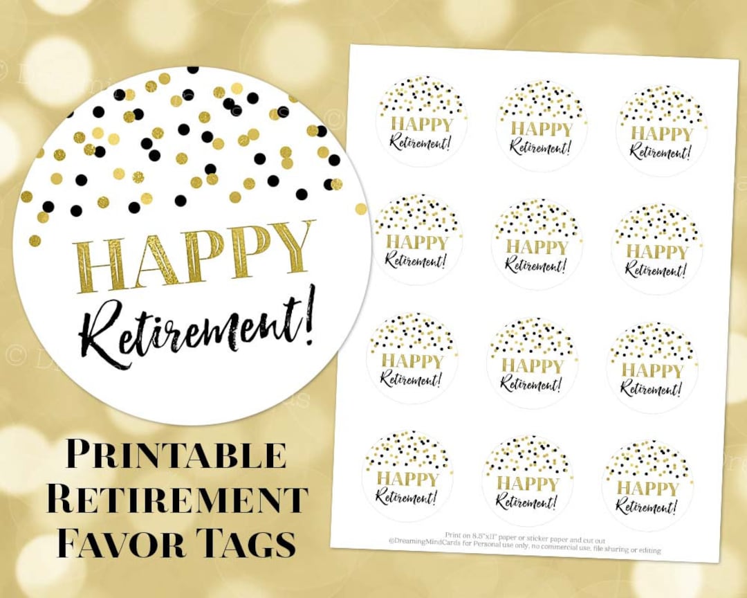 Printable Happy Retirement Party Round Tags Black and Gold Confetti ...