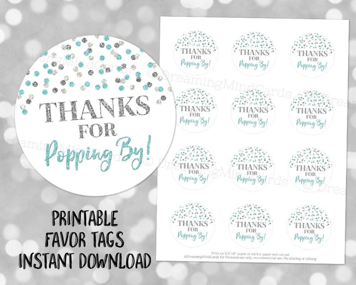 Printable Thanks for Popping by Favor Tags Light Blue Silver Confetti ...