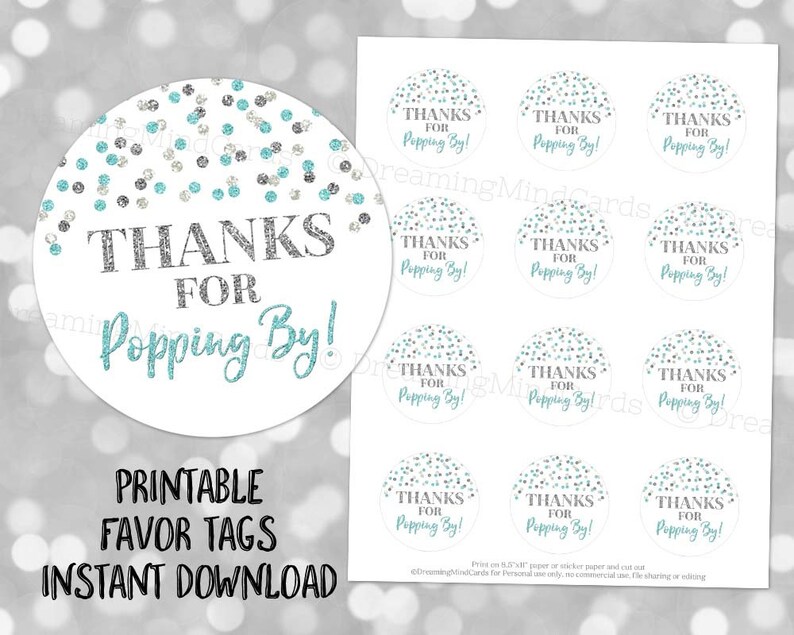 Printable Thanks for Popping by Favor Tags Light Blue Silver Confetti ...