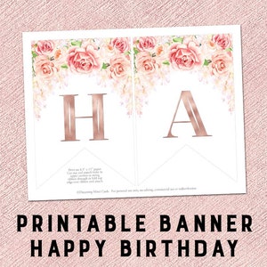 Printable Happy Birthday Banner Pink Floral Rose Gold Bunting Instant ...