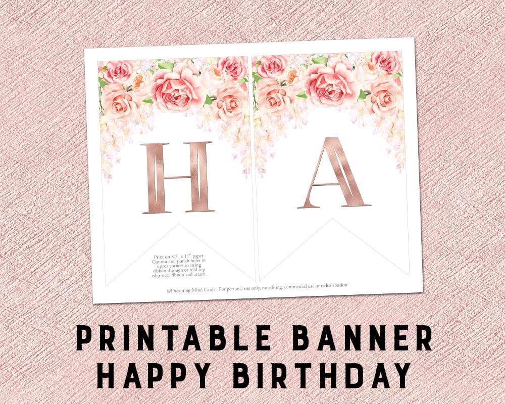 Printable Happy Birthday Banner Pink Floral Rose Gold Bunting | Etsy