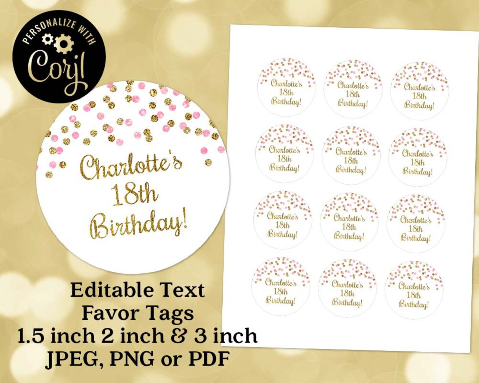Printable Editable Text Round Favor Tags Pink Gold Glitter - Etsy