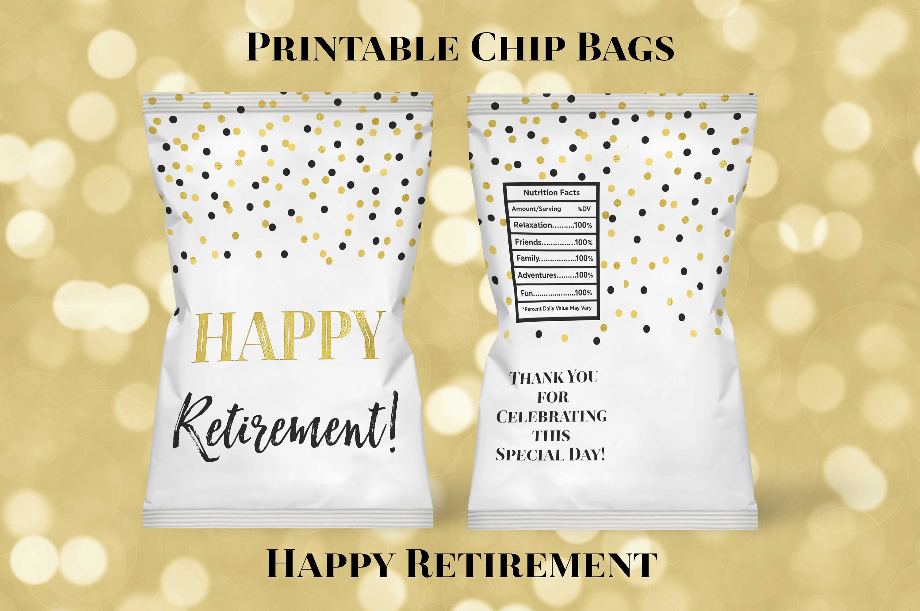 Printable Mini Chip Bag Happy Retirement Black Gold Confetti - Etsy Canada