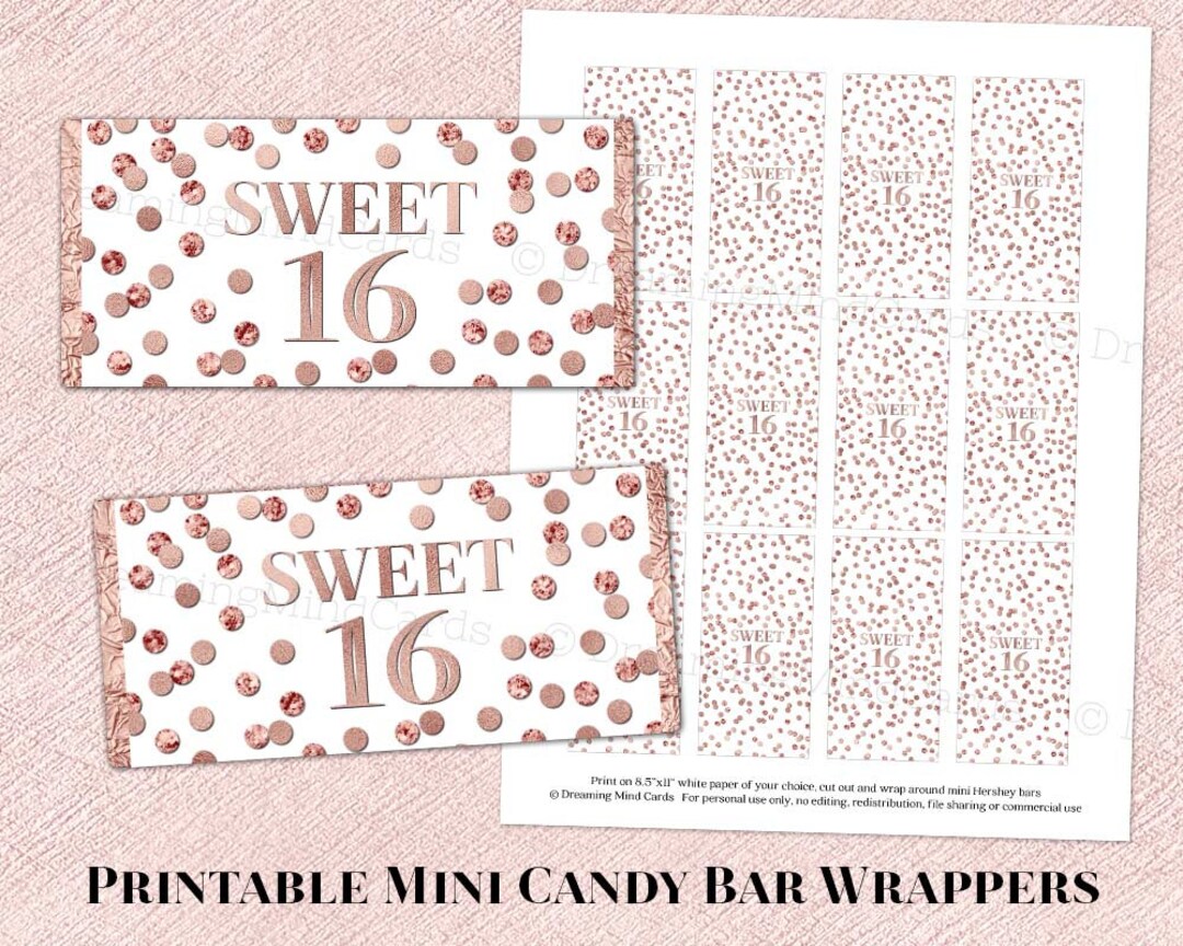 Printable Mini Candy Bar Wrapper Labels Sweet 16 Birthday Party Rose ...