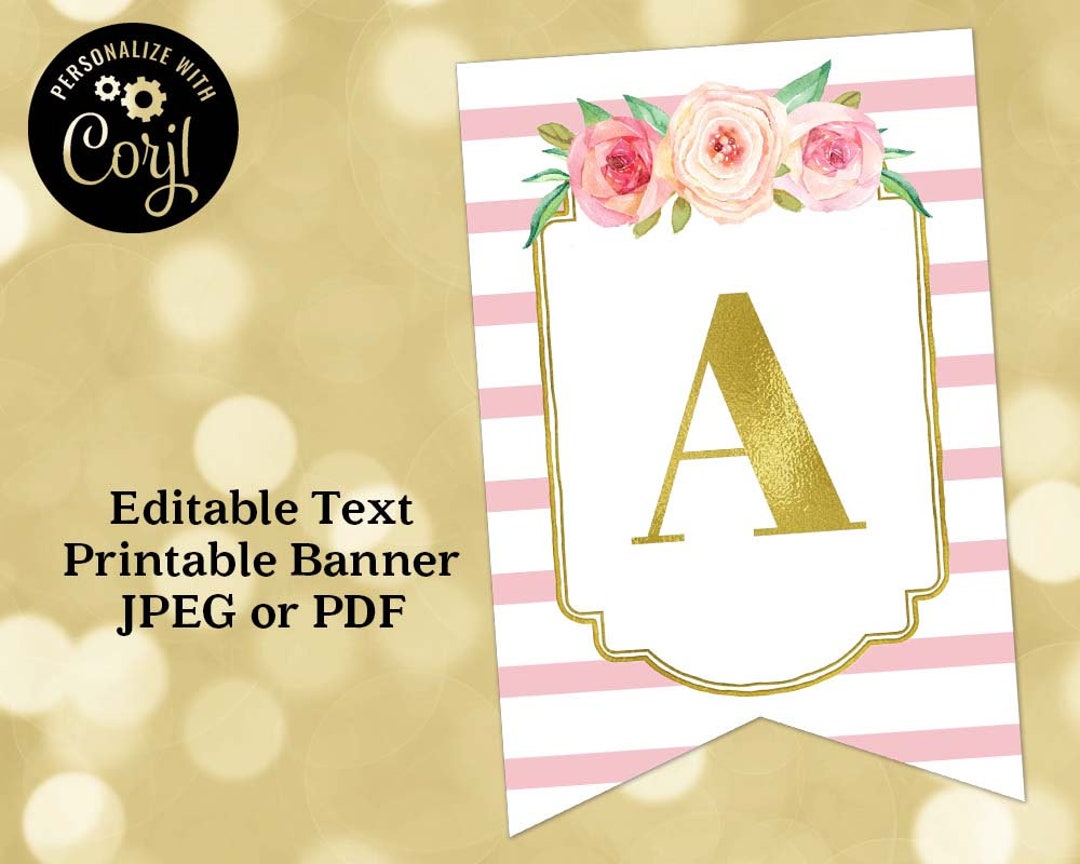 Printable Editable Text Banner Pink Stripes Pink Flowers Gold Digital ...