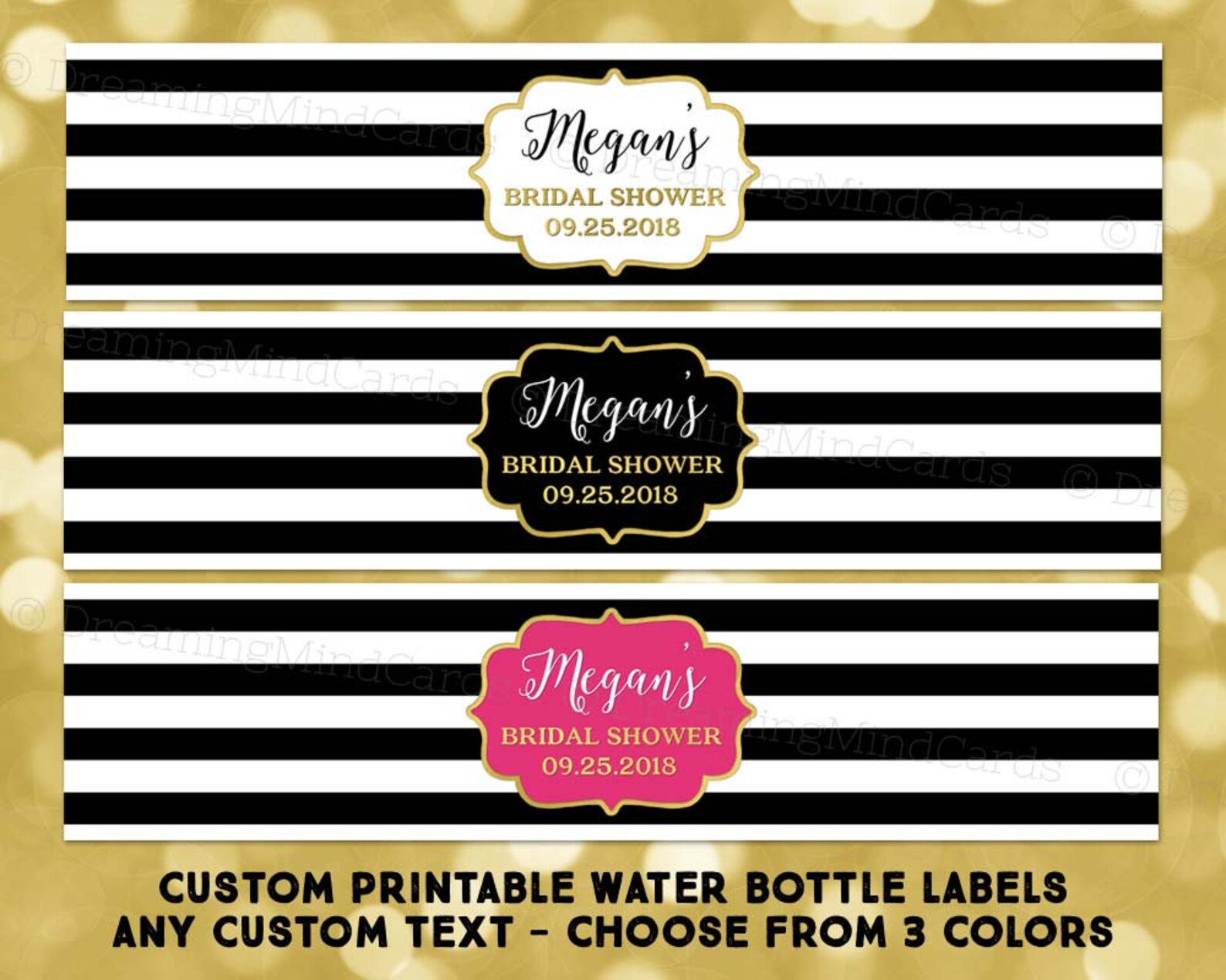 Customized Text Printable Water Bottle Labels Black Stripes | Etsy