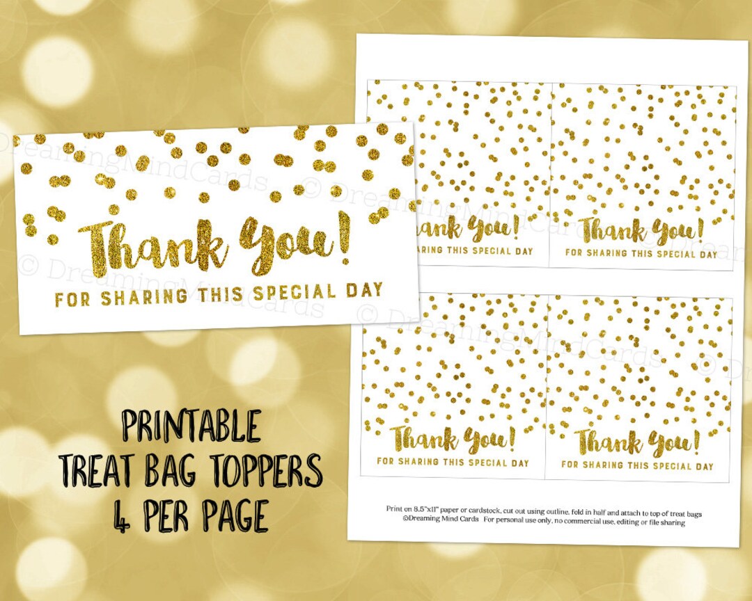Printable Thank You Treat Bag Toppers Gold Confetti Wedding Baby Shower ...
