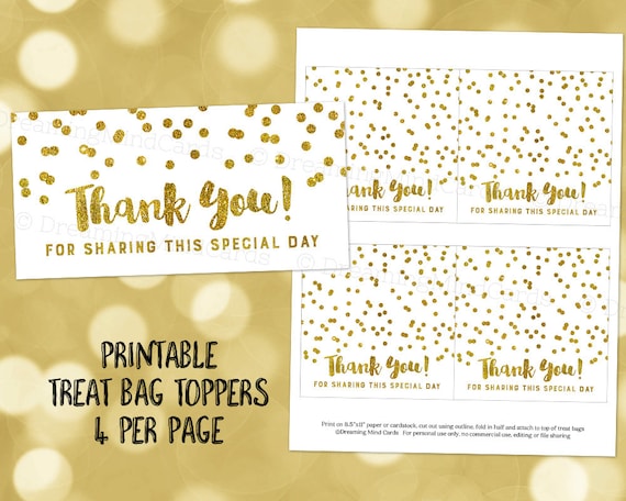 Printable Thank You Treat Bag Toppers Gold Confetti Wedding | Etsy