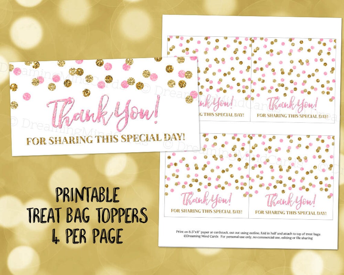 Printable Thank You Treat Bag Toppers Light Pink Gold Confetti - Etsy