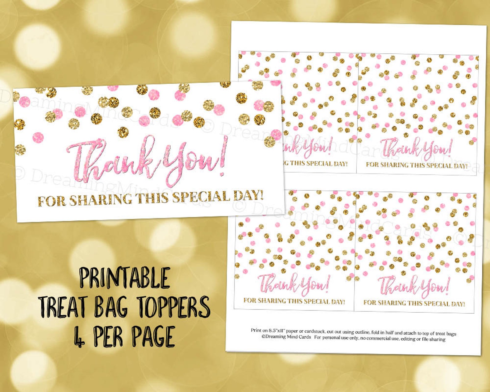 Printable Thank You Treat Bag Toppers Light Pink Gold Confetti - Etsy