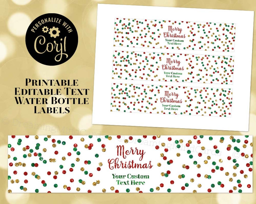 Printable Editable Text Christmas Water Bottle Label Red Green Gold ...