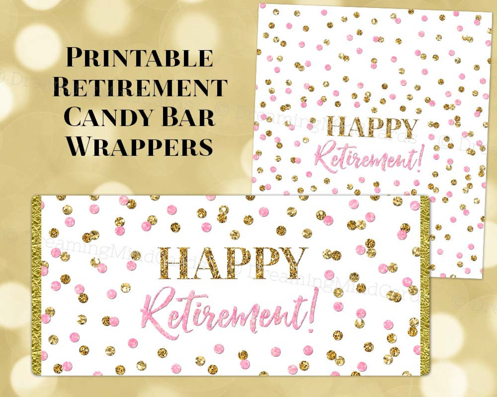 Printable Candy Bar Wrapper Labels Happy Retirement Pink and Gold ...