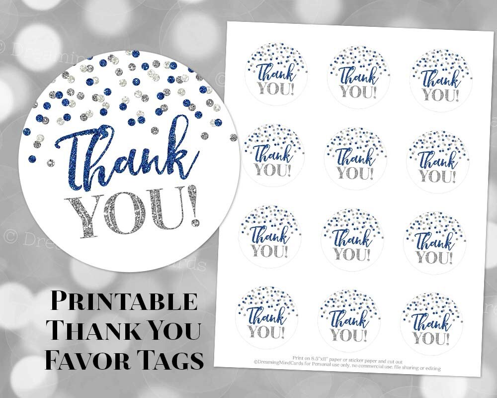 Printable Thank You Round Favor Tags Blue and Silver Confetti | Etsy