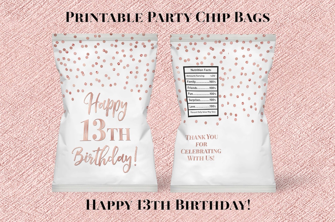 Printable Mini Chip Bag Happy 13th Birthday Rose Gold Confetti Digital ...