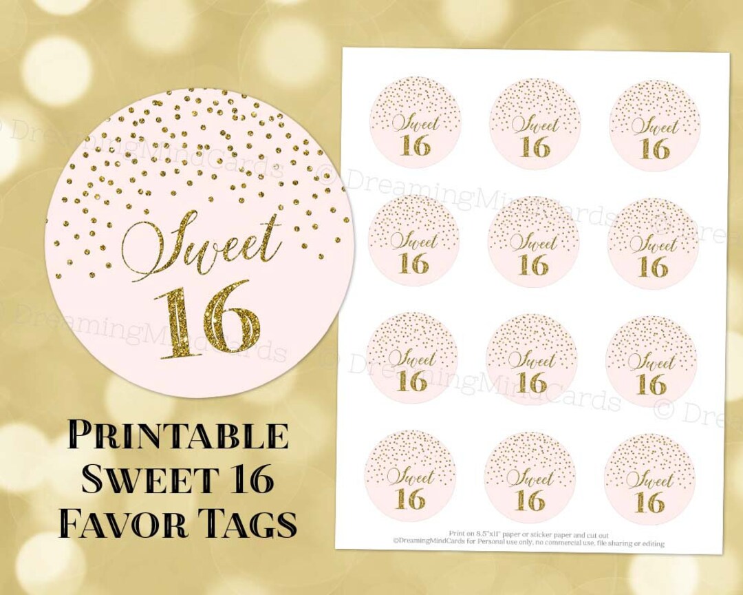 Printable Sweet 16 Birthday Party Round Tags Blush Pink Glitter Gold ...
