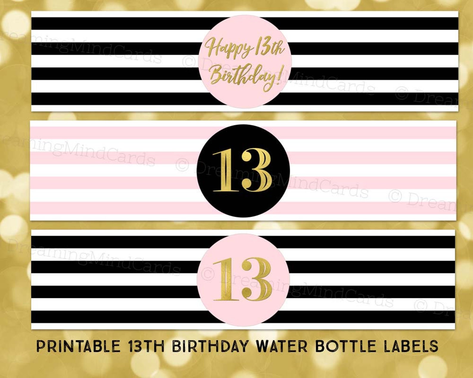 Printable Water Bottle Labels 13th Birthday Party Black and | Etsy