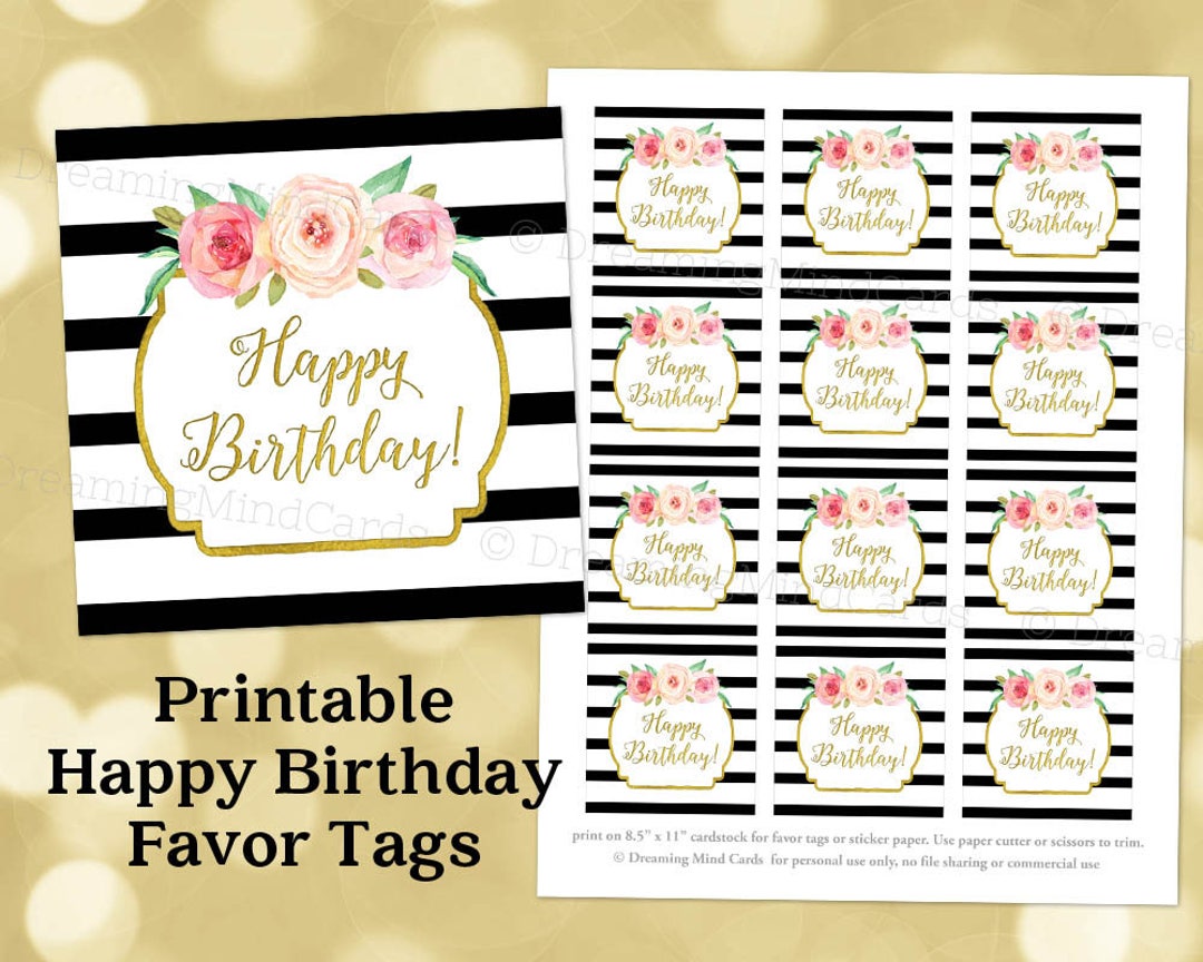 Printable Happy Birthday Favor Tags Black Stripes Pink Watercolor ...