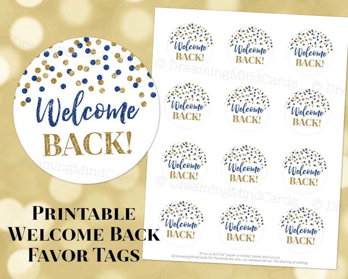Printable Welcome Back Round Tags Blue and Gold Confetti - Etsy