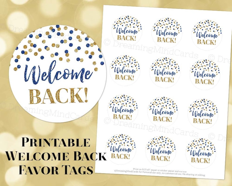 Printable Welcome Back Round Tags Blue and Gold Confetti Instant ...