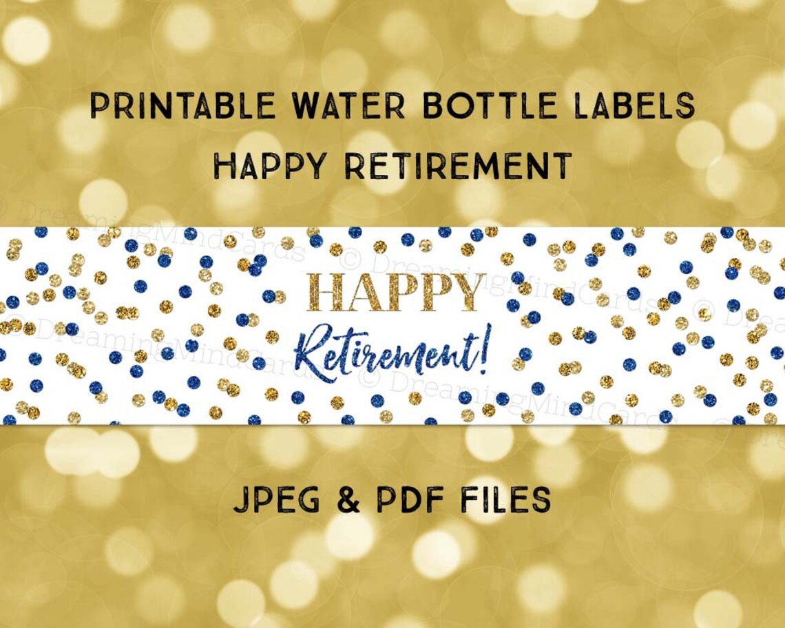 Printable Water Bottle Labels Happy Retirement Dark Blue Gold - Etsy