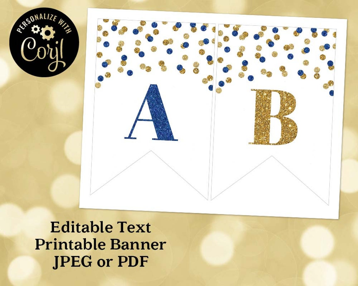 Printable Editable Text Banner Blue and Gold Confetti Digital - Etsy