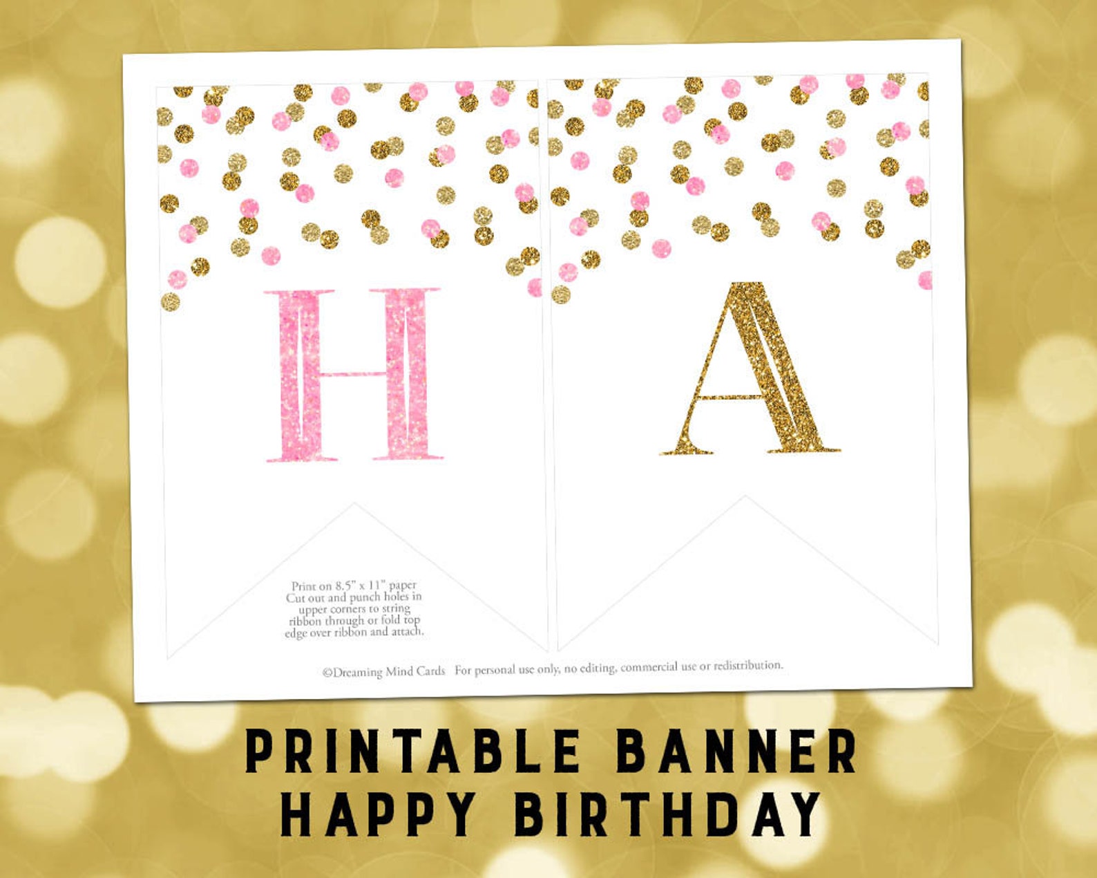 Printable Happy Birthday Banner Pink Gold Confetti Bunting | Etsy