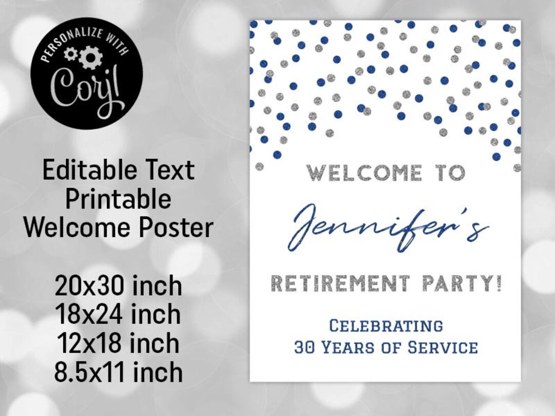 Printable Editable Text Welcome Retirement Party Poster Blue and Silver ...