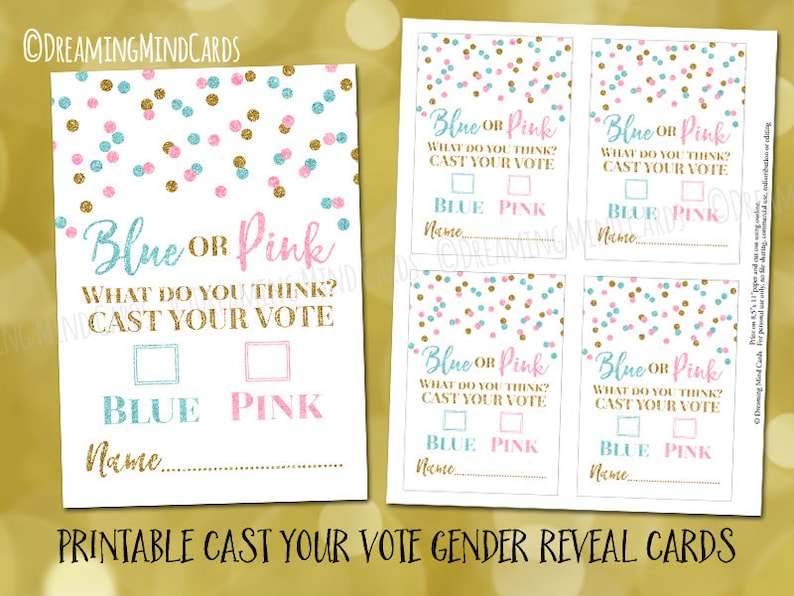 Printable Gender Reveal Vote Ballot Cards Game for Baby Shower Pink Blue Gold Glitter Confetti ...