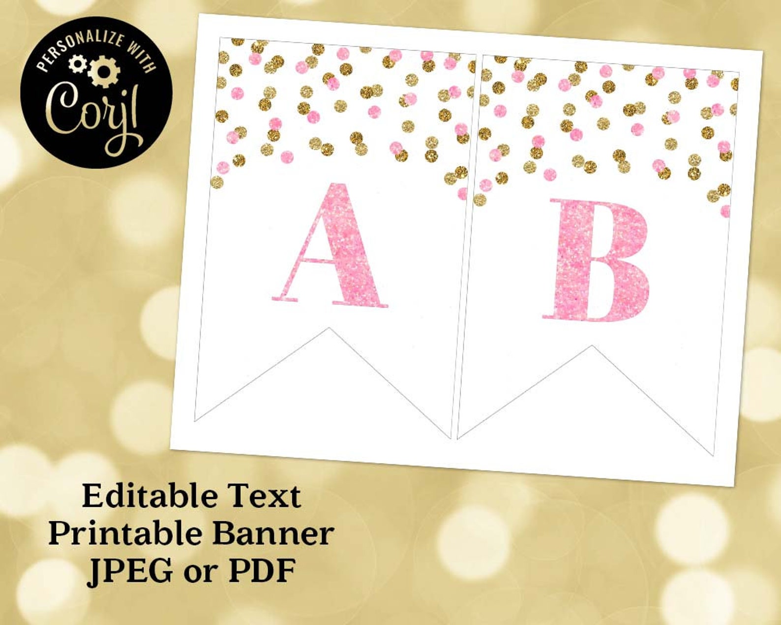 Printable Editable Text Banner Pink and Gold Confetti Digital Download ...